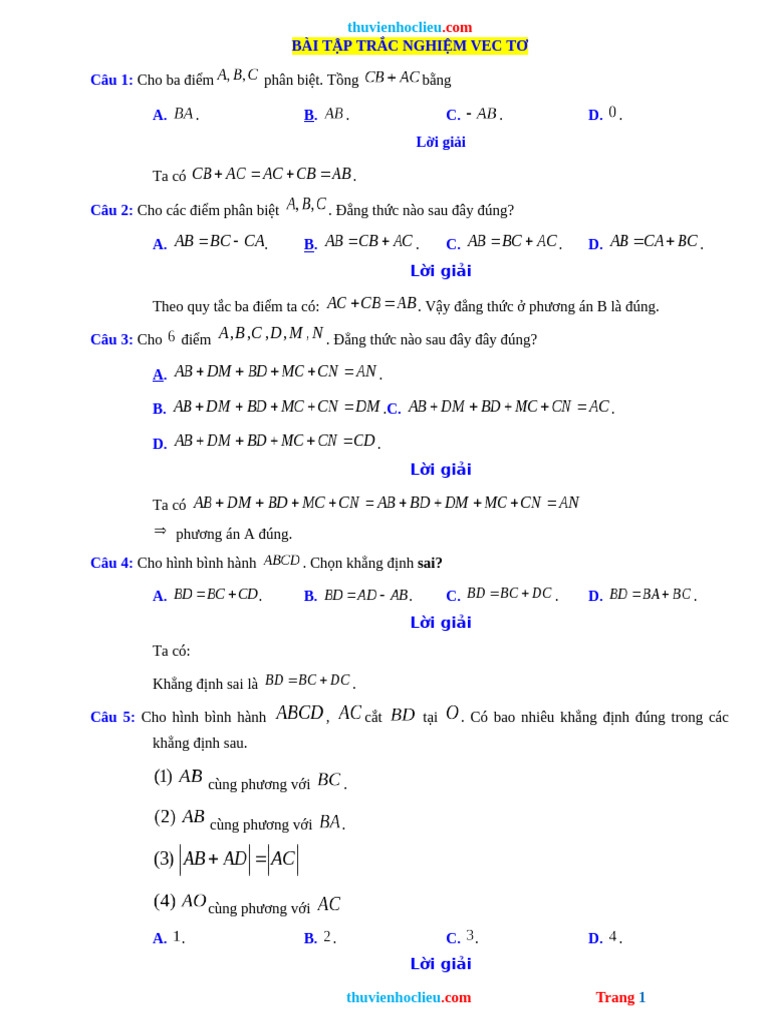 110 Bai Tap Trac Nghiem Nghiem Vecto | PDF