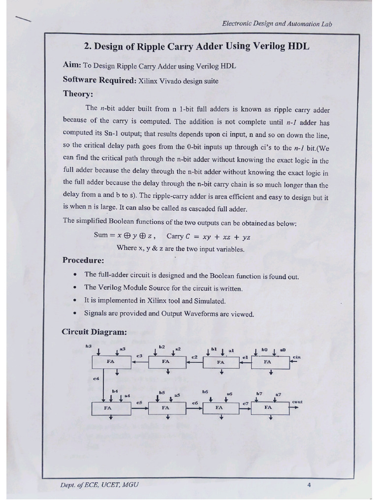 Design of Ripple Carry Adder Using Verilog HDL | PDF