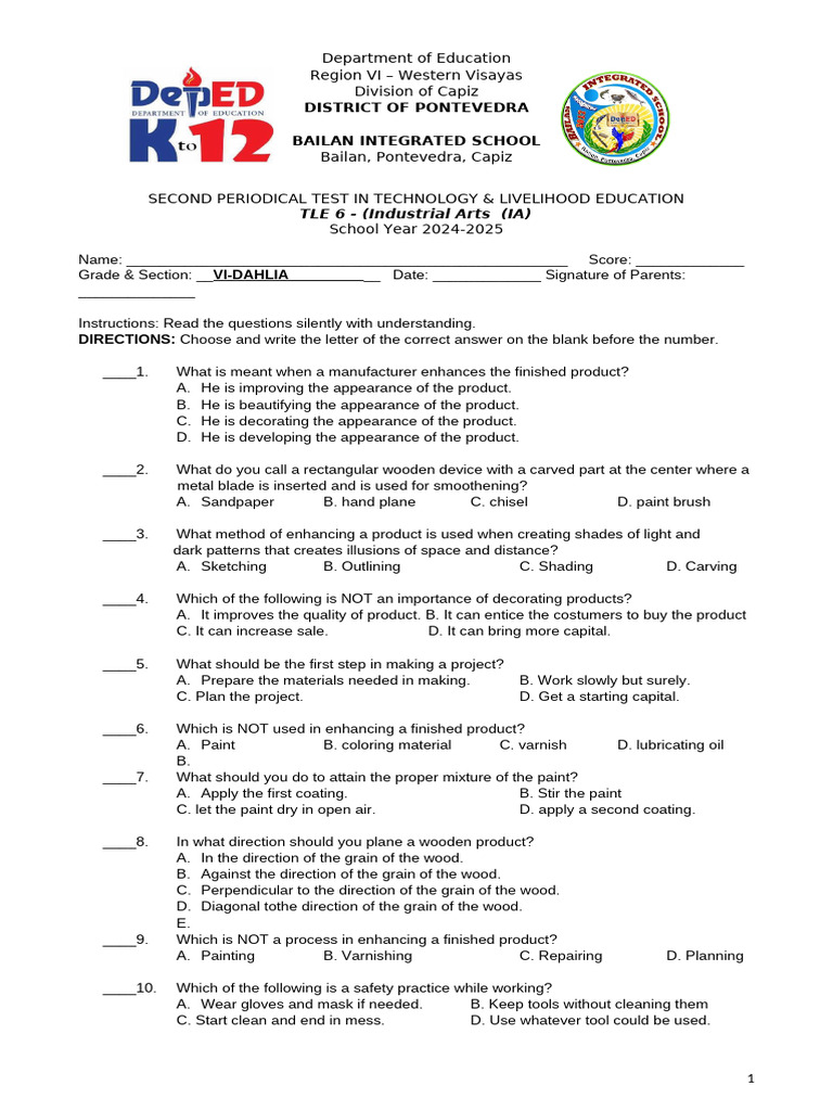 TLE 6 Periodical Test: Industrial Arts | PDF | Waste | Recycling