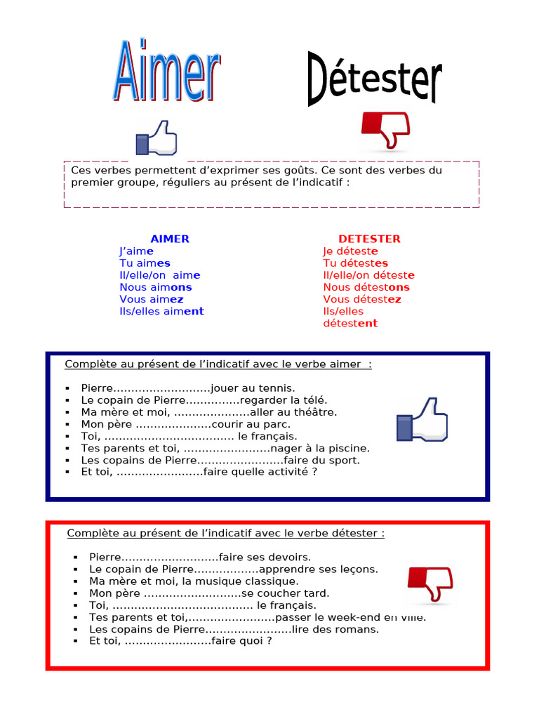 Verbes de goût : aimer et détester | PDF