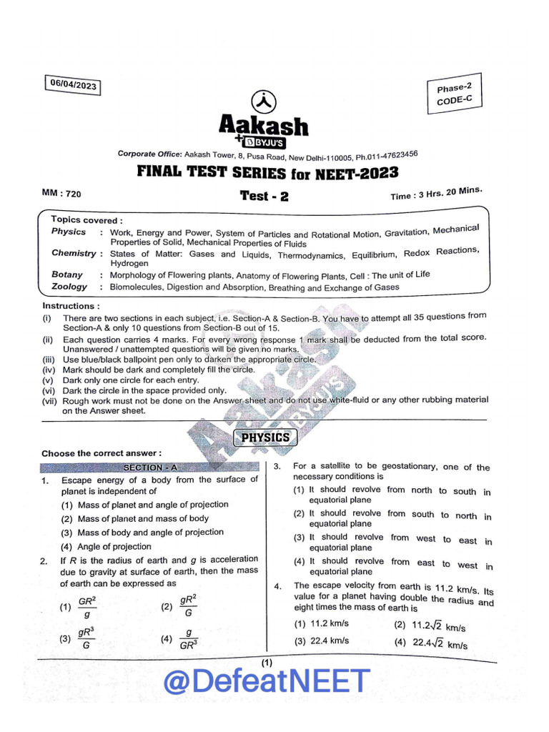 FTS - 02 (Code C) @aakash - Test - Papers - 2023 | PDF