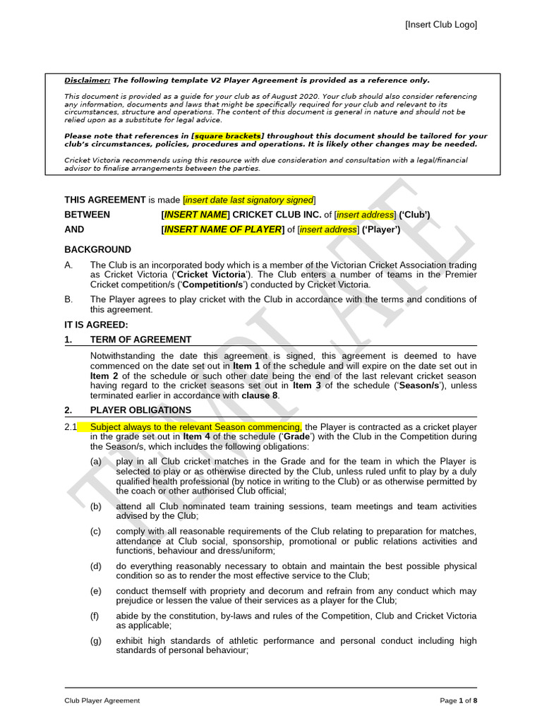 Club Player Agreement Template 2020 v2 13.08.20 FINAL CLEAN | PDF ...