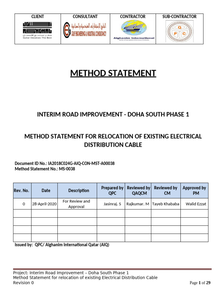 Electrical Cable Relocation Method Statement | PDF | Quality Assurance ...
