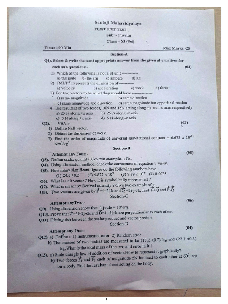 XI physics QP unit test-1 | PDF