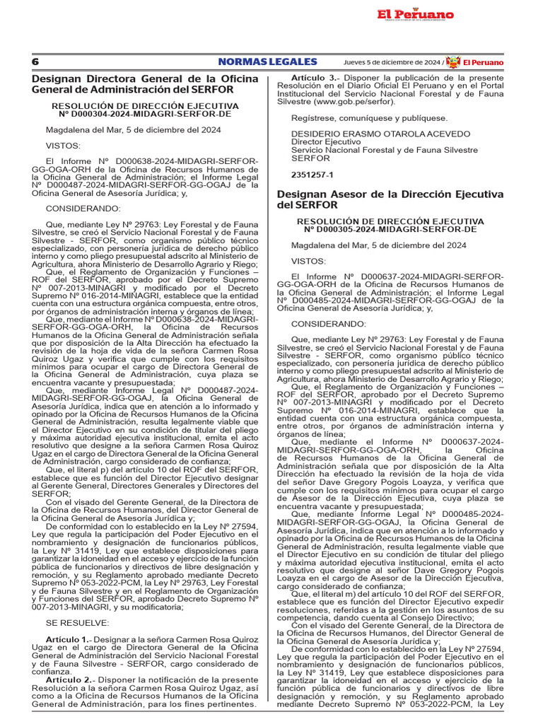 Designan Directora General de La Oficina Dell SERFOR | PDF | Ejecutivo ...