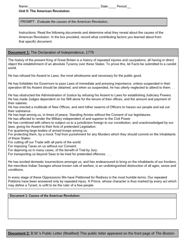 Unit 5 American Revolution Practice DBQ | PDF | Common Sense | American ...