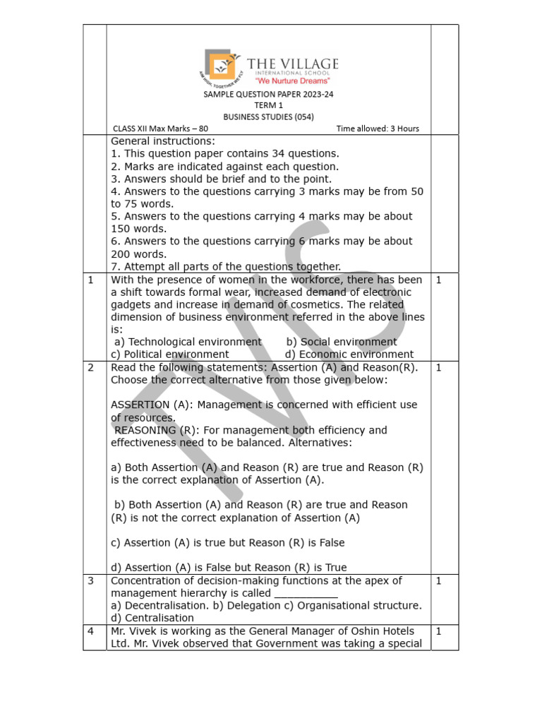 12 - BST - Sample Paper - Term 1 | PDF | Employment | Reason