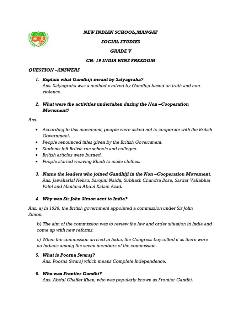 Class 5 Questions on India's Freedom | PDF | Mahatma Gandhi | Indian ...