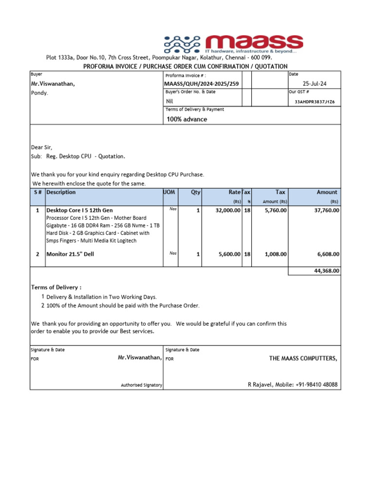 Mr.viswanathan - Desktop Quotation - 25th July 2024 | PDF | Computer Architecture | Computing