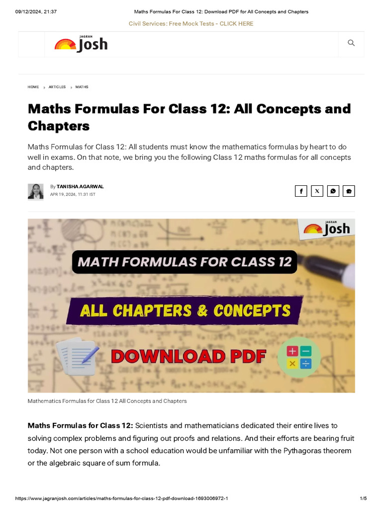 Maths Formulas For Class 12 - Download PDF For All Concepts and ...