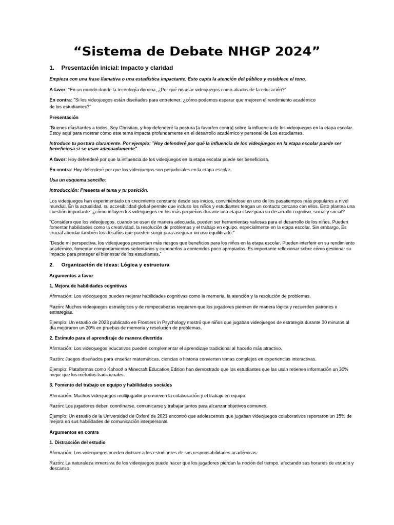 Sistema de Debate NHGP 2024 | PDF | Videojuegos | Estilo de vida sedentario