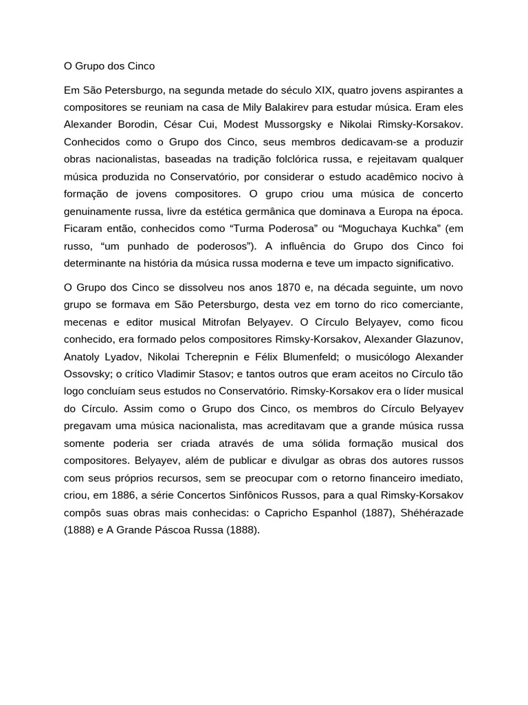 O Grupo dos Cinco e o Círculo Belyayev | PDF