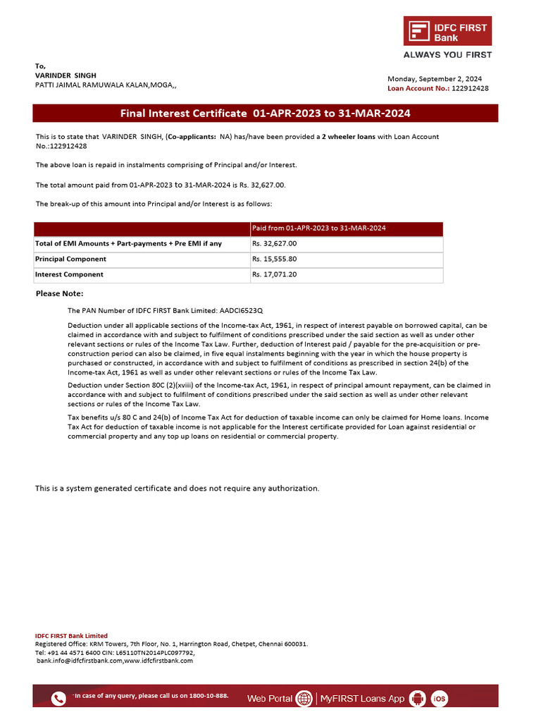Interest Certificate 164440117 | PDF | Tax Deduction | Loans