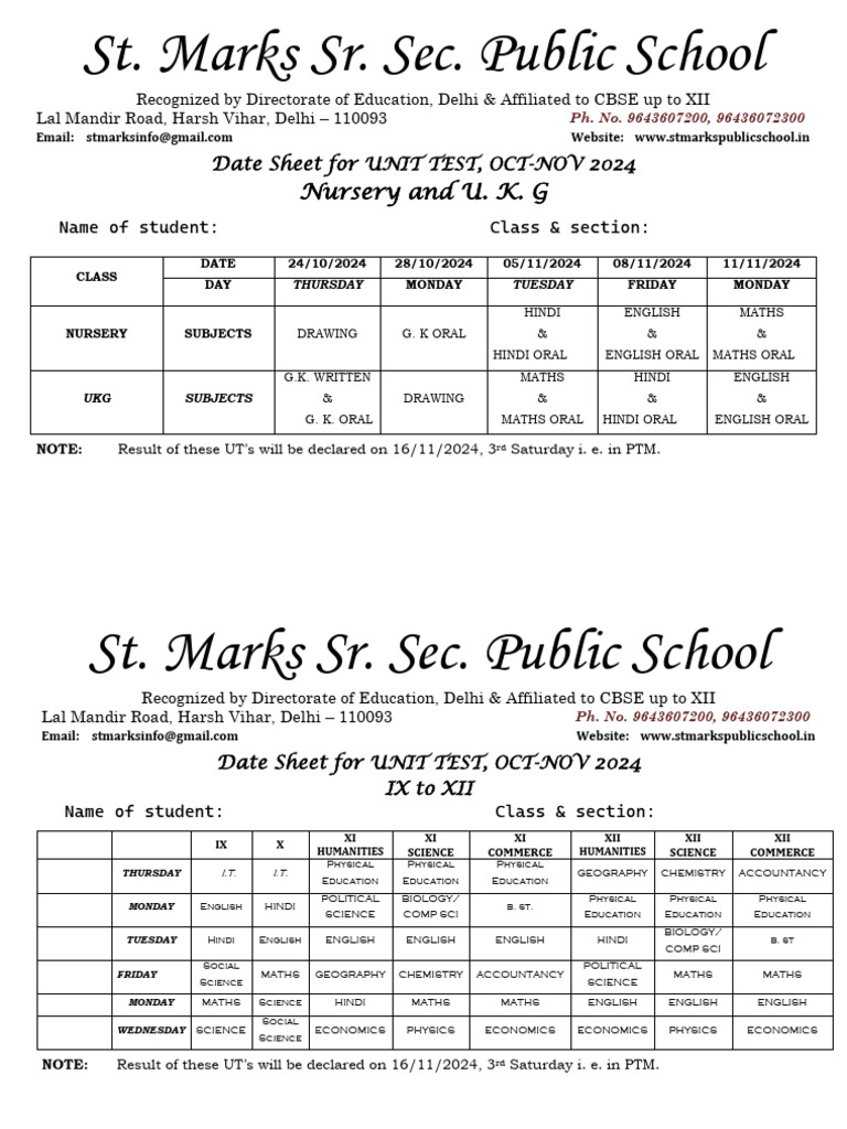 Date Sheet NOV UT 2024 | PDF | Science