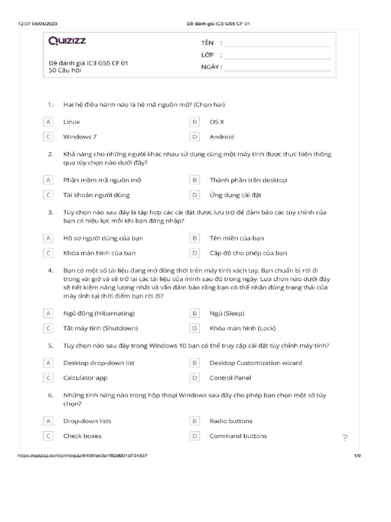 Đề đánh giá IC3 GS5 CF 01 | PDF