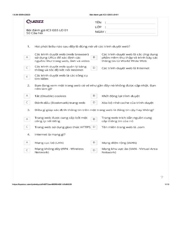 Đề đánh giá IC3 GS5 LO 01 | PDF