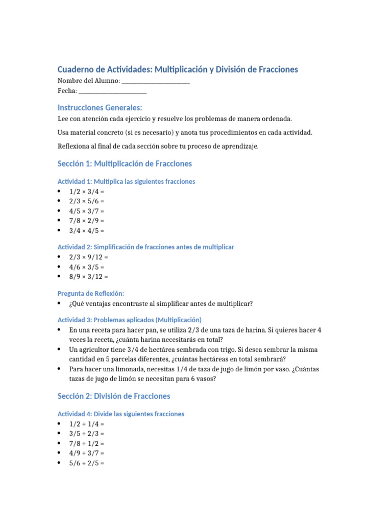 2DO - Cuaderno de Actividades Multiplicacion y Division de Fracciones | PDF
