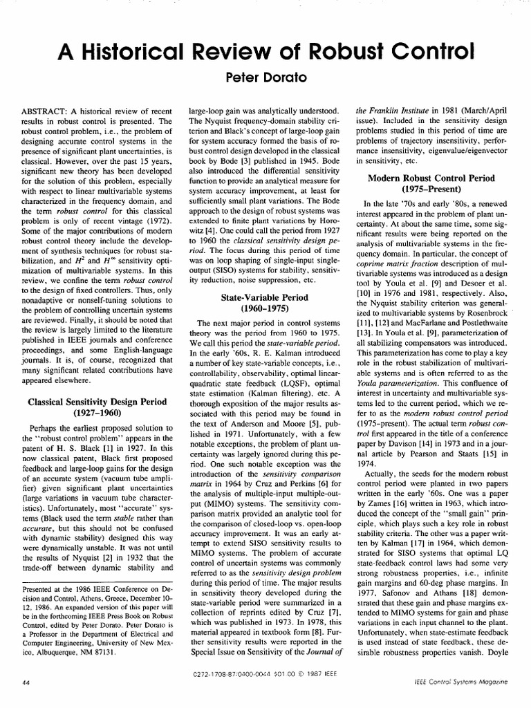 A Historical Review of Robust Control | PDF | Control Theory | Applied ...
