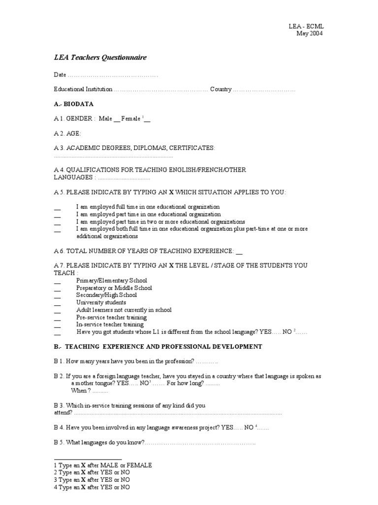 LEA Teachers Questionnaire: A.-Biodata | PDF | Students | Secondary School