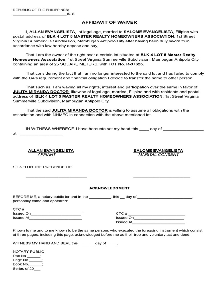 Affidavit of Waiver for Property Transfer | PDF | Affidavit | Evidence
