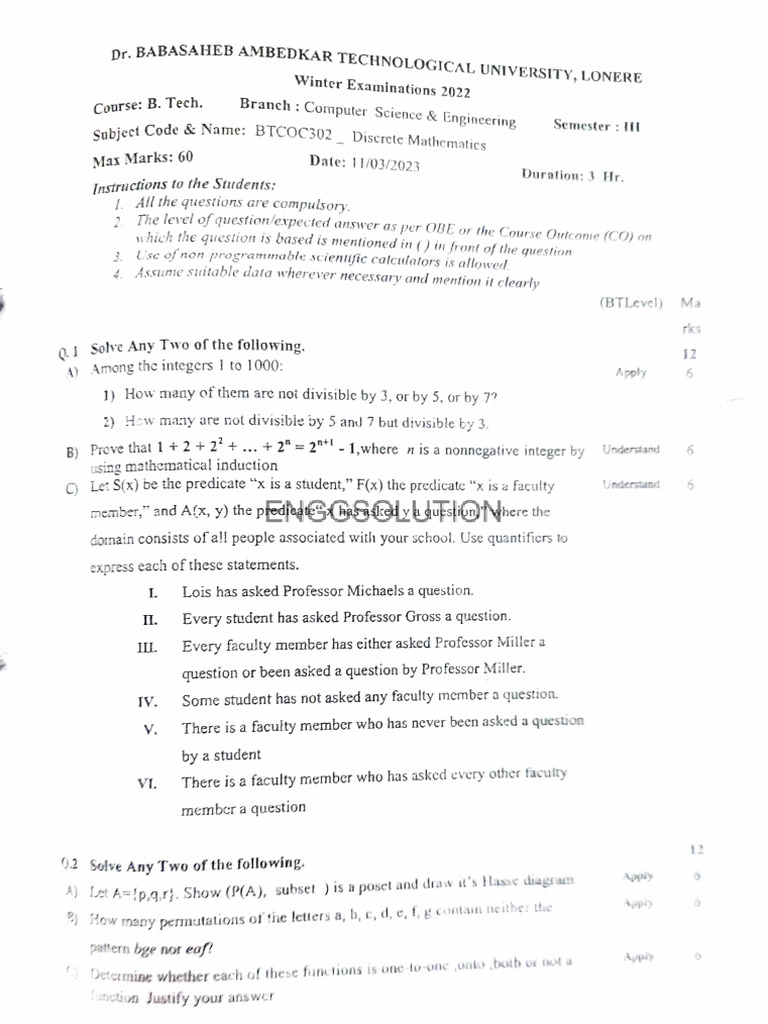 Dbatu Dm Question Paper_2022 | PDF | Discrete Mathematics | Theoretical Computer Science