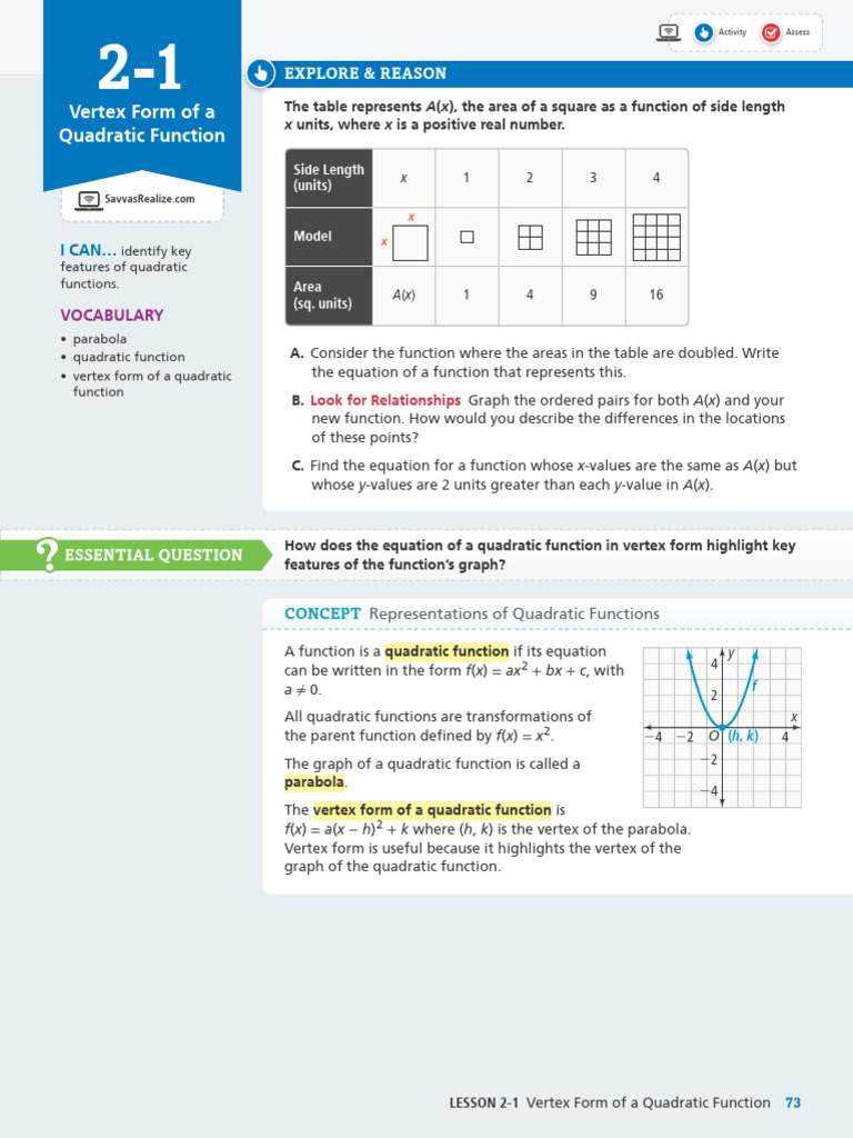 2.1_Vertex Form of a Quadratic Function Book | PDF | Combinatorics | Discrete Mathematics