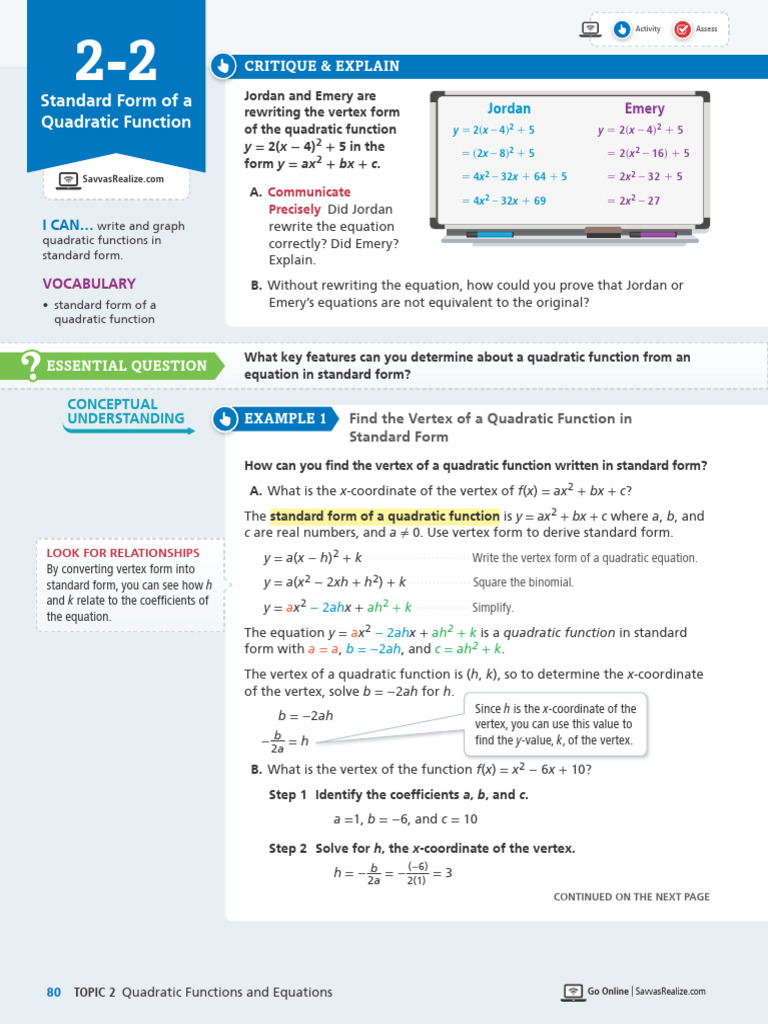 2.2 - Standard Form of A Quadratic Function Book PDF | PDF | Quadratic ...