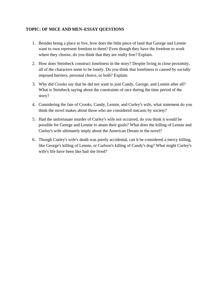 6323f52910e9db8ac985a73f - of Mice and Men Essay Questions | PDF