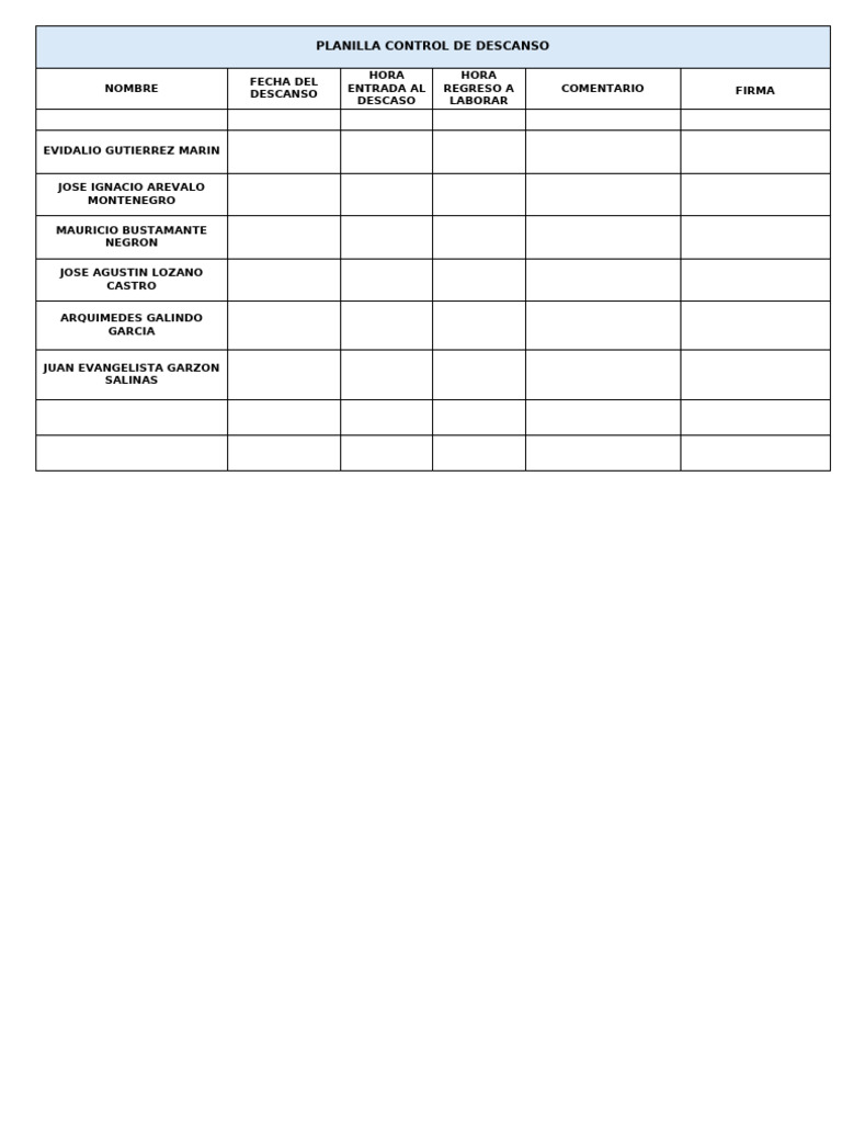 Formato - Planilla Control de Descanso | PDF