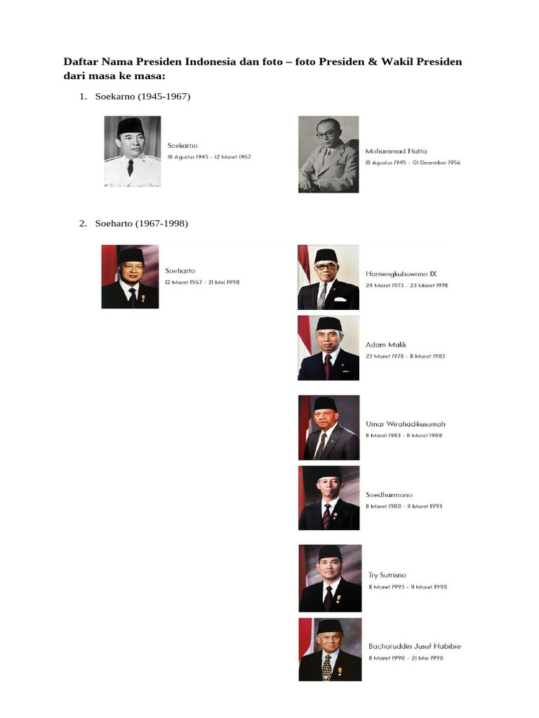 Daftar Nama Presiden Indonesia Dari Masa Ke Masa Dan Foto | PDF