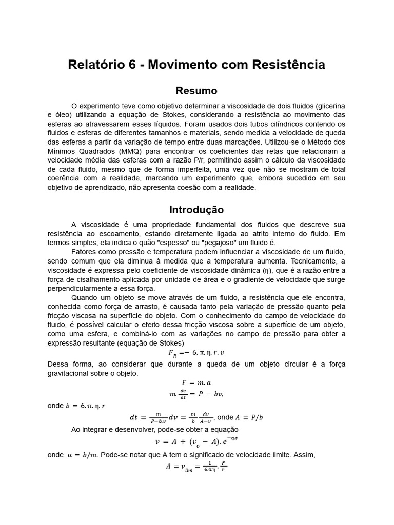 Relatório 6 - Movimento com Resistência | PDF | Viscosidade | Atrito