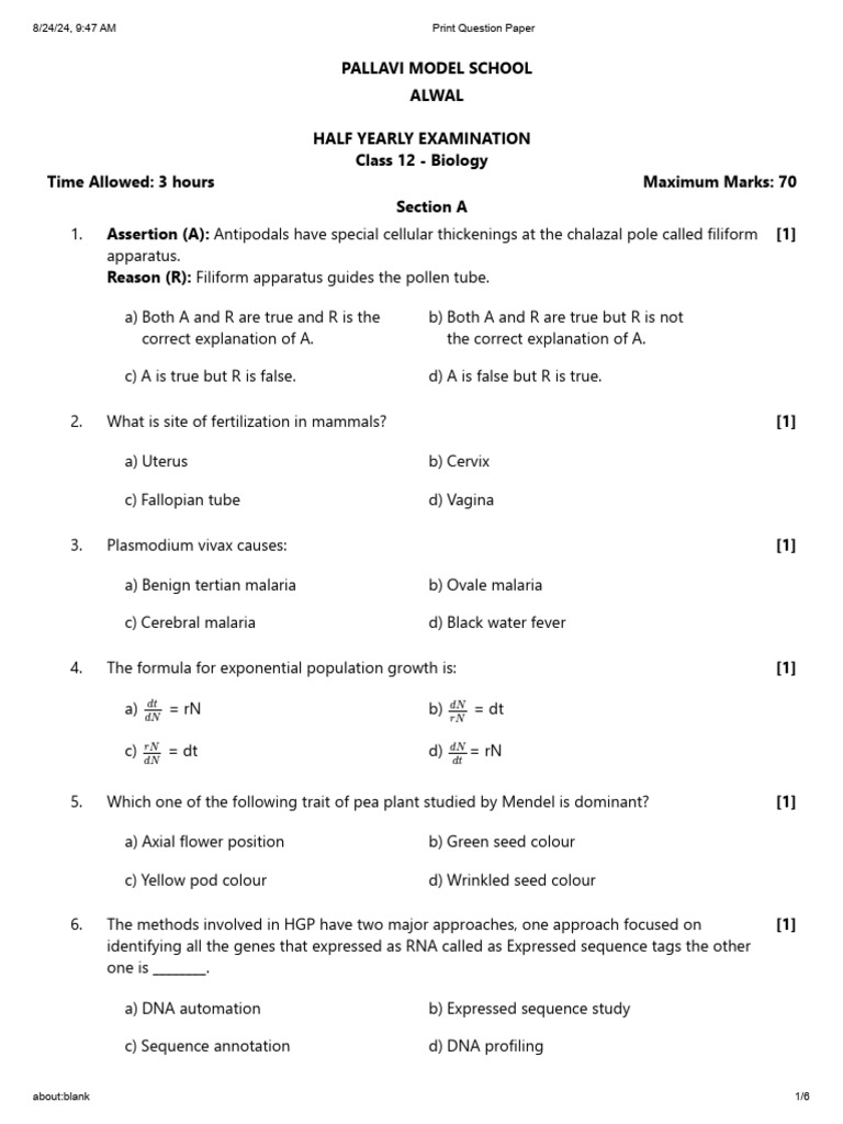 Class 12 Biology Exam Paper | PDF | Dominance (Genetics) | Allele