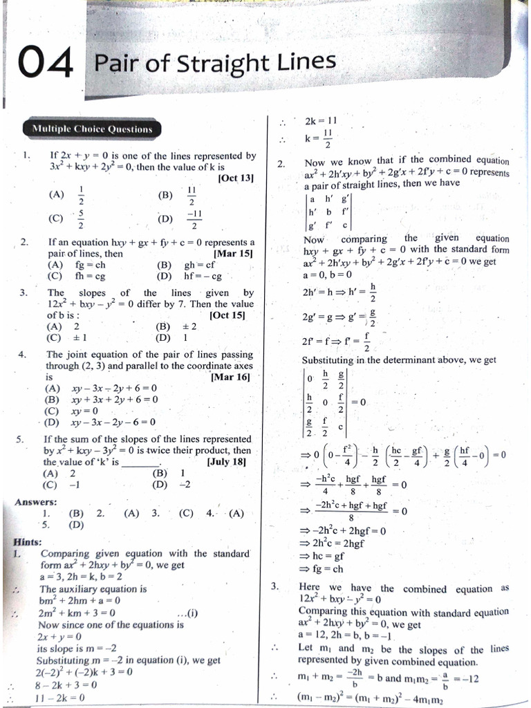 HSC PYQ - Pair of Straight Lines | PDF