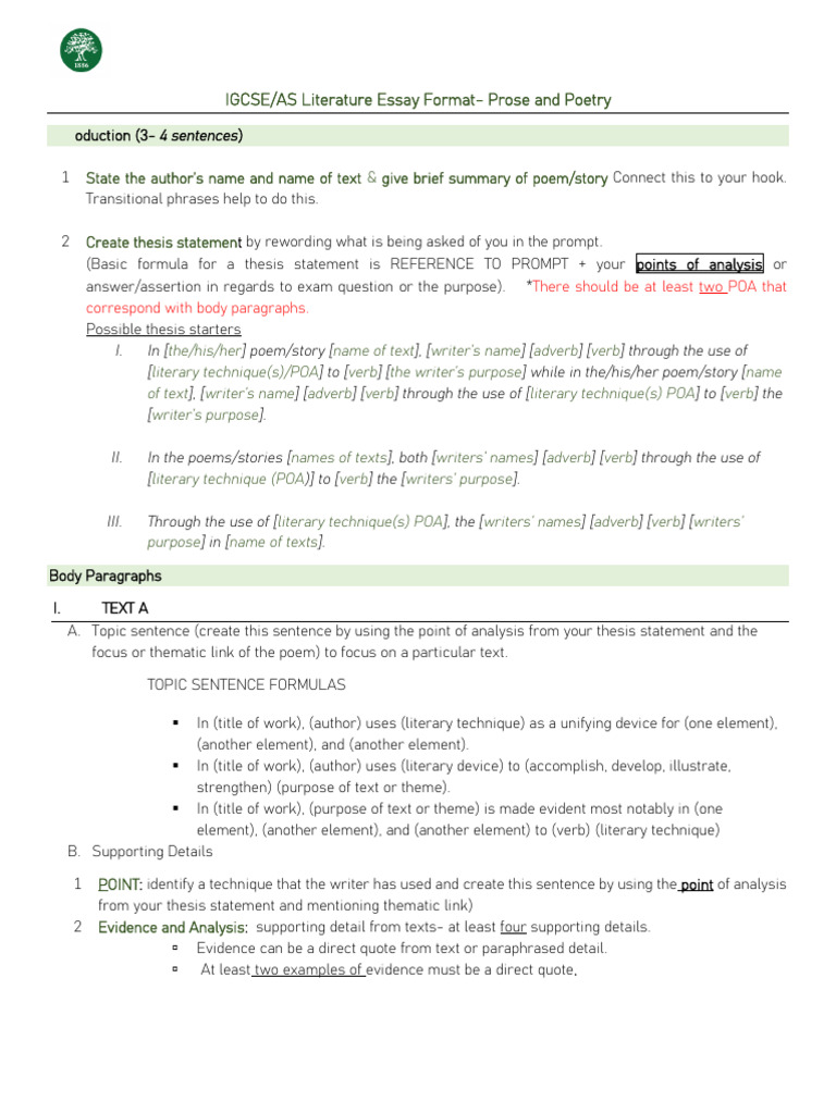 ESSAY FORMAT - IGCSE As Literature - Prose and Poetry (Level M and N ...