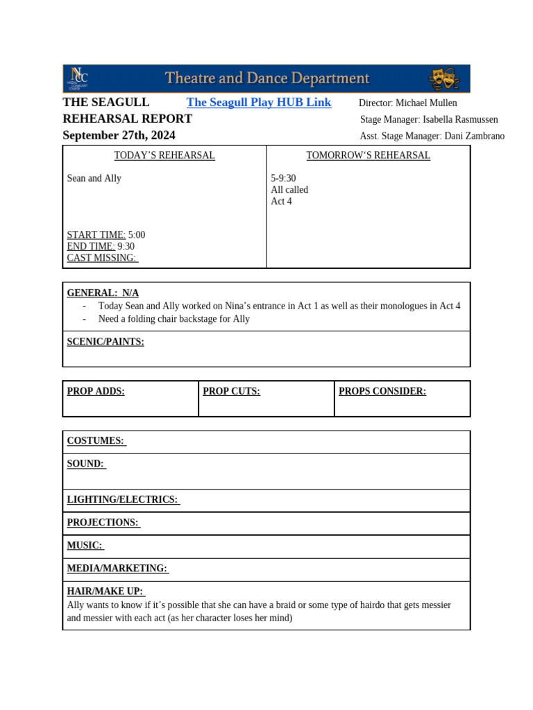 Seagull Rehearsal Report 10 - 9 - 2024 | PDF