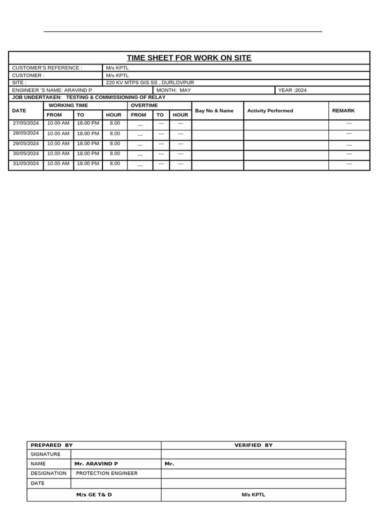 TIME SHEET FOR ( 27-05-2024 TO 31-05-2024 ) | PDF