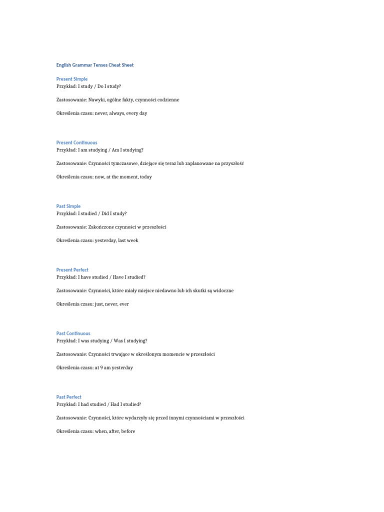 English Grammar Cheat Sheet Small Font | PDF