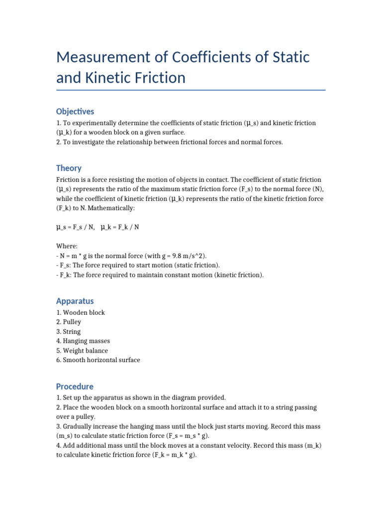 Friction Coefficients Experiment Report | PDF | Force | Friction