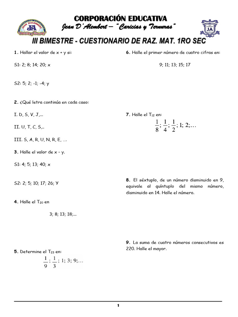 Cuestionario 3 Bim RM 1ro Sec | PDF