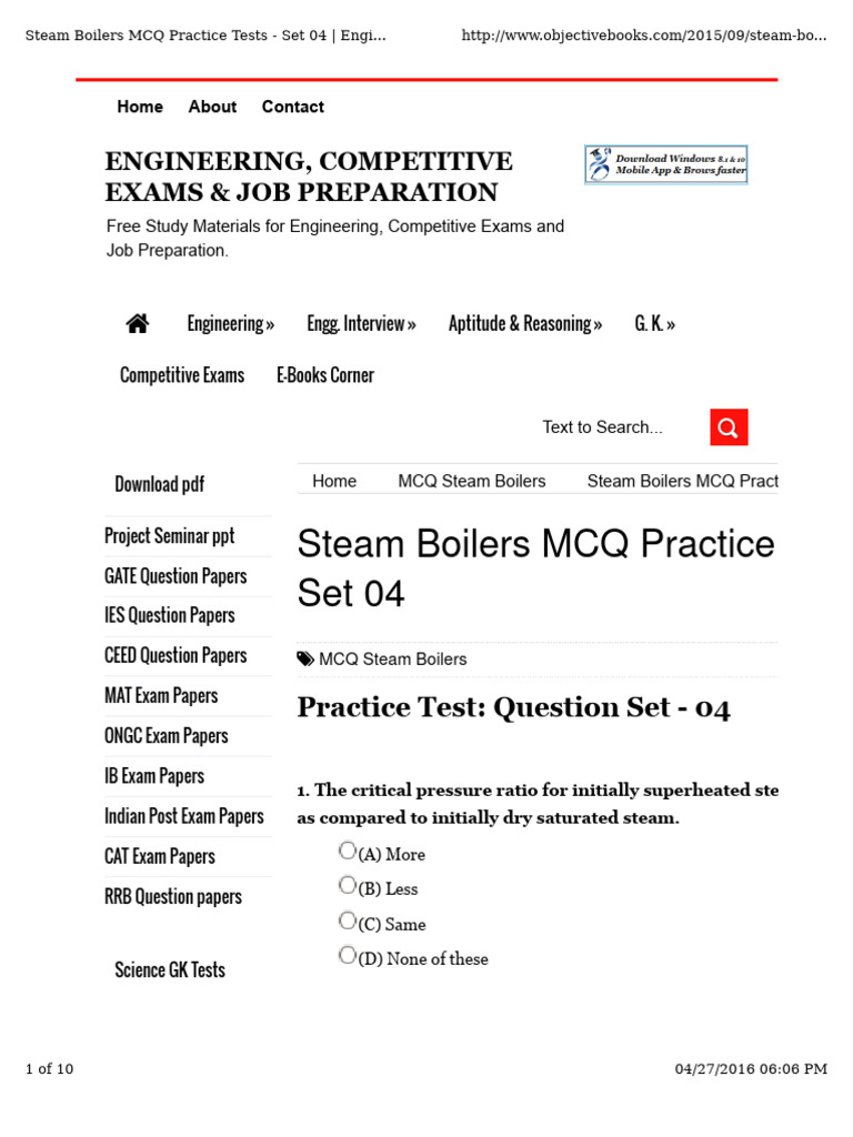 Steam Boilers MCQ Practice Test Set 04 | PDF | Boiler | Steam