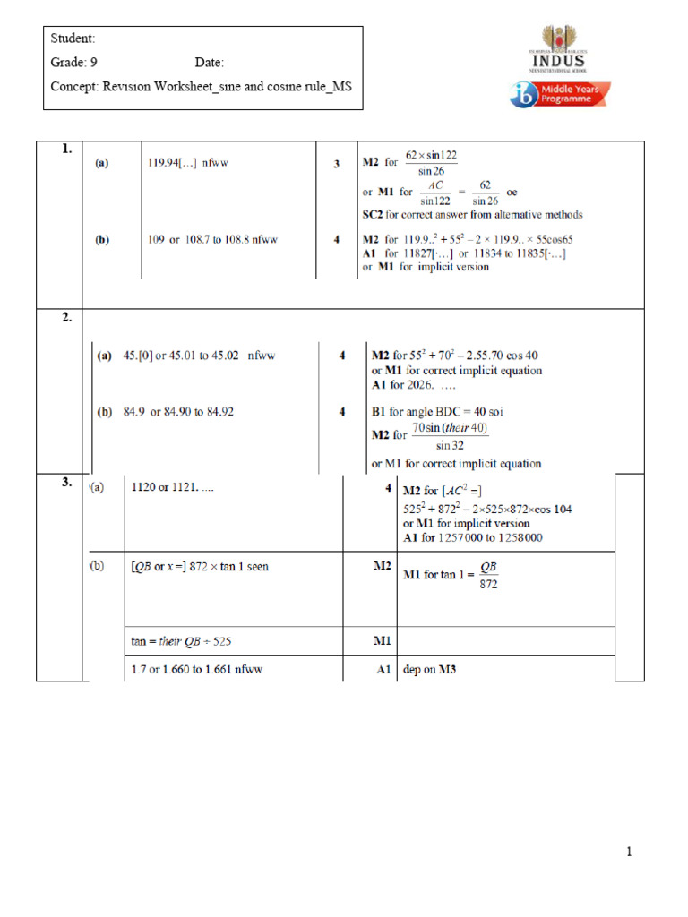 MS Revision Worksheet Sine and Cosine Rule | PDF