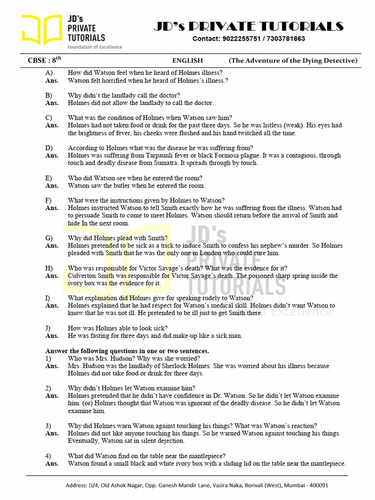 Dying Detective: Class 8 Q&A Guide | PDF | Dr. Watson | Sherlock Holmes