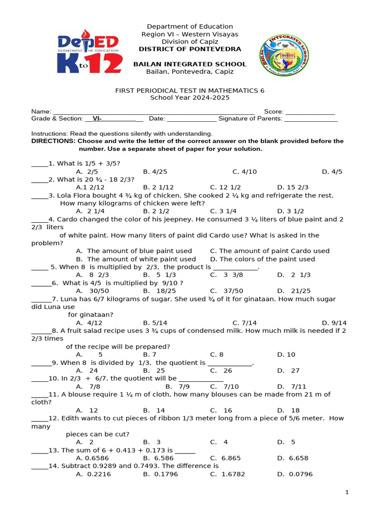 Grade 6 Math First Periodical Test 2025 | PDF | Multiplication ...