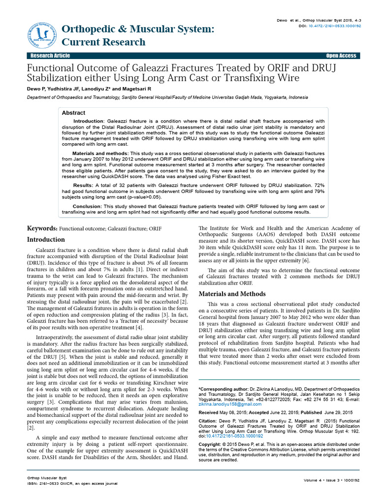 Functional Outcome of Galeazzi Fractures Treated by Orif and Druj | PDF ...