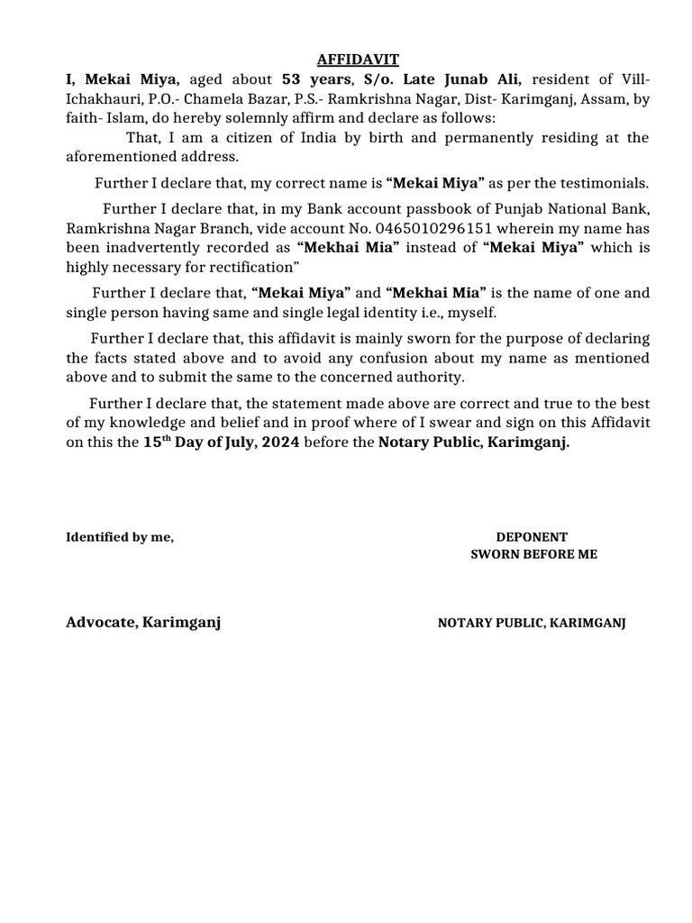 Name Correction Affidavit | PDF