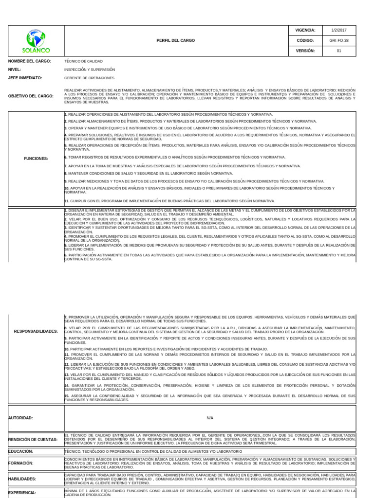Perfil de Cargo - Técnico de Calidad EMPRESAS | PDF | Laboratorios ...