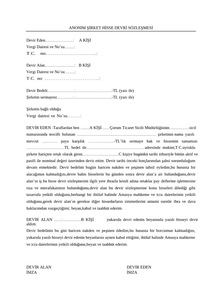 Anonim Sirket Hisse Devir Sözlesmesi | PDF