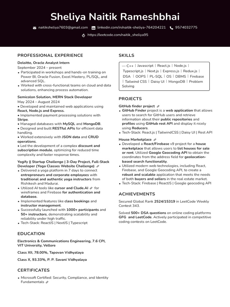 Sheliya Naitik Rameshbhai FlowCV Resume 20241106 | PDF | Databases | Computing