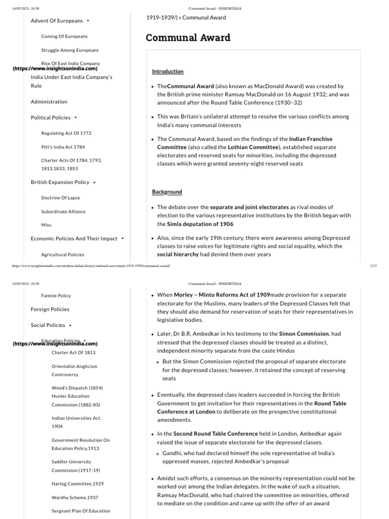 Communal Award - Insightsias | PDF | Mahatma Gandhi | Indian Nationalism