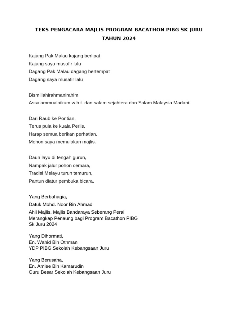 Teks Pengacara Majlis Program Bacathon Pibg SK Juru 2024 | PDF